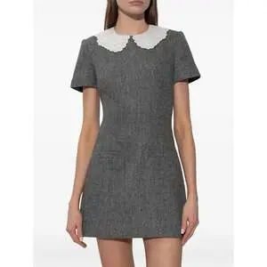SELF-PORTRAIT Grey Herringbone Knit Dress With Lace Collar