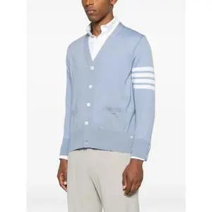 Thom Browne V-neck Cardigan With Sleeve Stripes - Blue