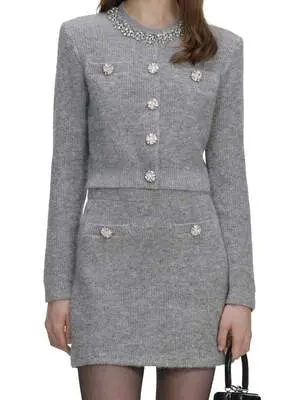SELF-PORTRAIT Grey Cardigan With Crystal Embellishments