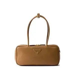 Prada Leather Enamel Triangle Logo Tote Bag - Brown
