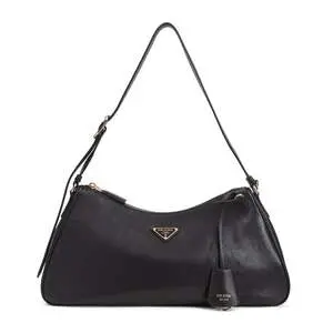 Prada Leather Shoulder Bag With Enamel Triangle Logo - Black