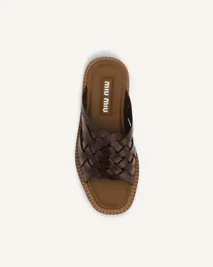 Miu Miu Woven Leather Flat Sandals - Brown