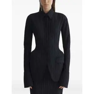 MUGLER Navy Pinstripe Fitted Jacket - Black