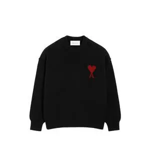 AMI Paris Felted Merino Wool Crew Neck Sweater With De Coeur Intarsia - Black