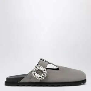 ROGER VIVIER ROGER VIVIER Slidy Viv Suede Mules With Crystal Buckle Gray