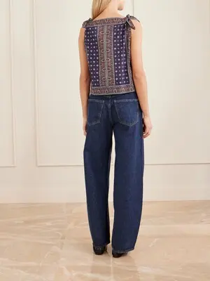 DÔEN Amalia Printed Organic Cotton Top With Shoulder Ties - Blue