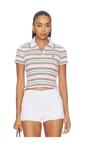 Casablanca Stripe Shirred Polo Top - Multicolour Stripe