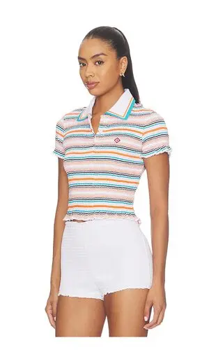 Casablanca Stripe Shirred Polo Top - Multicolour Stripe