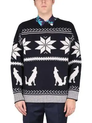 Etro Virgin Wool Sweater With Snowflake And Wolf Pattern - Blue