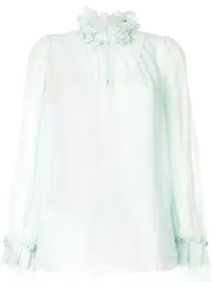Shiatzy Chen Mulberry Silk Frilled High Neck Blouse