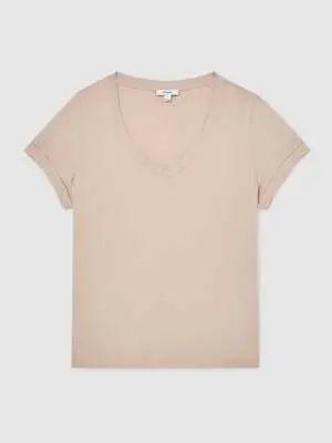 REISS Luna Brushed-cotton V-neck T-shirt - Camel