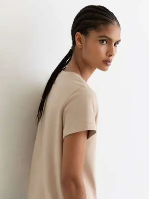 REISS Luna Brushed-cotton V-neck T-shirt - Camel
