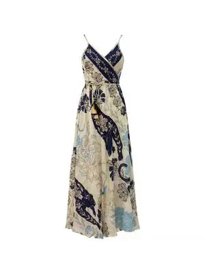 PAHIESA FORMENTERA Ecru Floral Print Sleeveless Maxi Wrap Dress