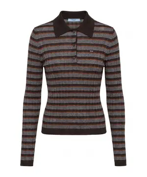 Prada Striped Embroidered Knit Polo Top - Black