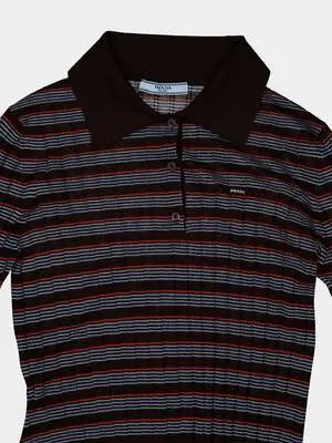 Prada Striped Embroidered Knit Polo Top - Black