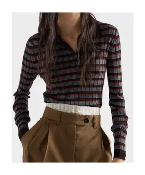 Prada Striped Embroidered Knit Polo Top - Black