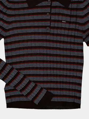 Prada Striped Embroidered Knit Polo Top - Black