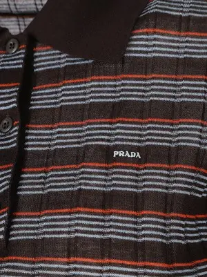 Prada Striped Embroidered Knit Polo Top - Black