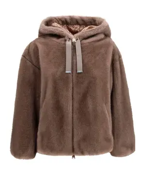 Herno Long-sleeve Hooded Faux Fur Jacket - Brown