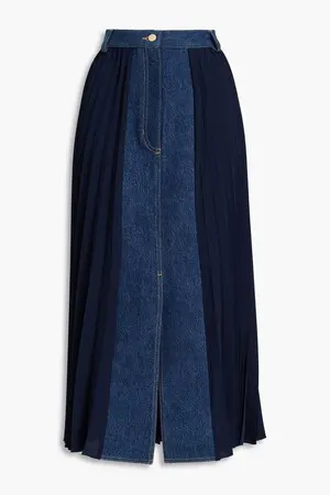 Sandro Denimpaneled Crepe Midi Skirt - Navy
