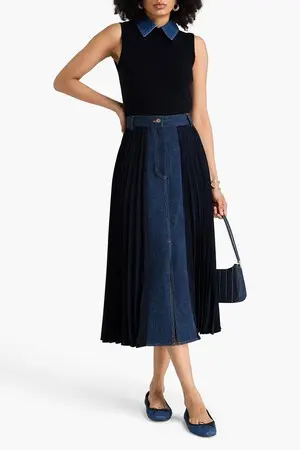 Sandro Denimpaneled Crepe Midi Skirt