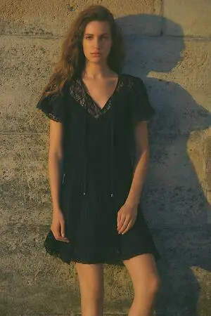 Anthropologie Cotton Lace Flutter Sleeve Mini Dress - Black