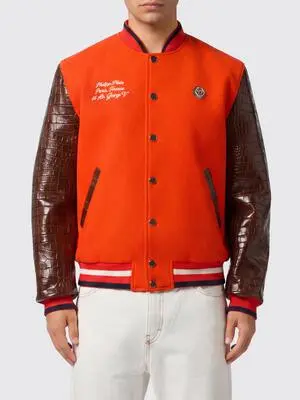 Philipp Plein Two-tone Crocodile-effect Calfskin Leather Varsity Bomber Jacket - Orange