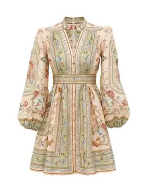 Zimmermann Mini V-neck Dress With Stand Collar And Stone Buttons - Multicolor