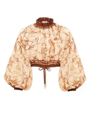 Zimmermann Billow Sleeve Printed Ramie Top - Beige