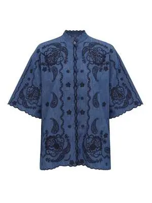 Zimmermann Scalloped Toggle Button Shirt With Embroidery