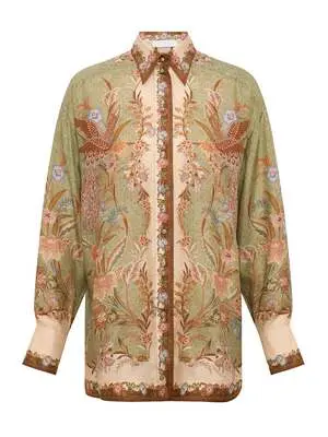 Zimmermann Printed Silk Habotai Long Sleeve Shirt - Verde