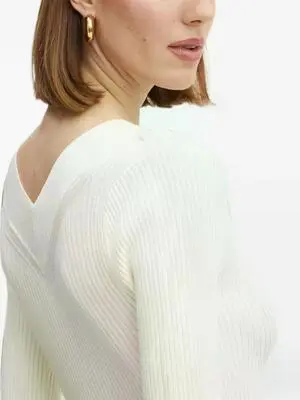 Guess Ribbed Knit V-neck Long Sleeve Sweater With Logo Plaque