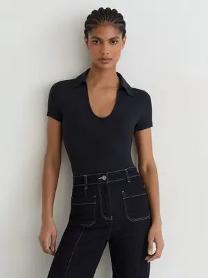 REISS Daria Open-collar Short-sleeve Polo Top - Navy