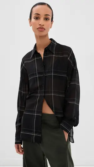 Tibi Sheer Wool Gauze Oversized Check Shirt