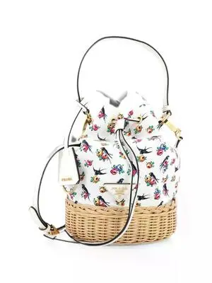 Prada Drawstring Printed Canvas And Wicker Small Bucket Bag