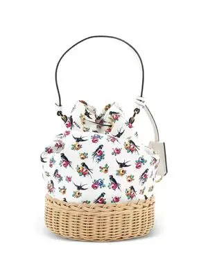 Prada Drawstring Printed Canvas And Wicker Small Bucket Bag