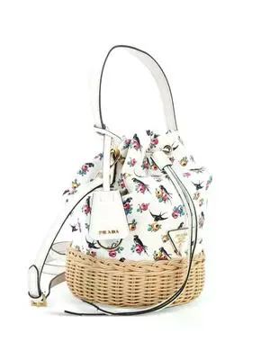 Prada Drawstring Printed Canvas And Wicker Small Bucket Bag