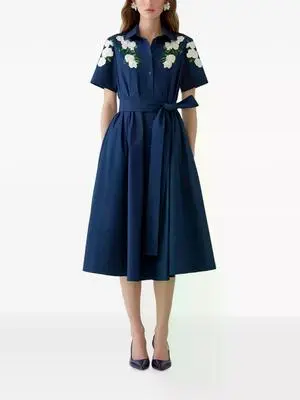 Carolina Herrera Floral Embroidered Belted Midi Dress - Blue