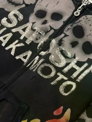 SATOSHI NAKAMOTO Skull-print Flame-print Hoodie - Black