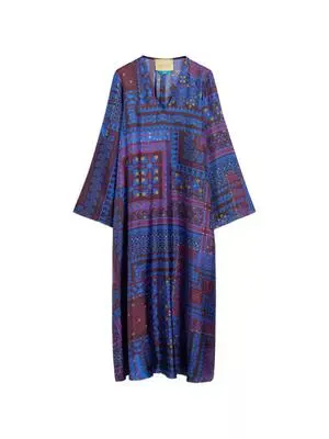 Momoni Printed Silk Midi Dress With V-neck And Flared Sleeves