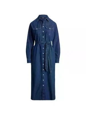 Ralph Lauren Belted Denim Shirt Midi Dress - Blue