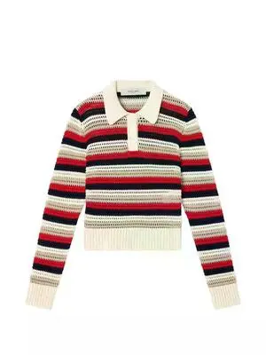 GOLDEN GOOSE Striped Crochet-knit Polo Top - Neutrals