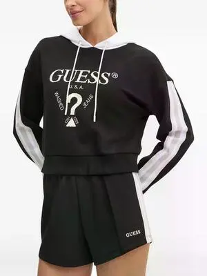 Guess Logo-embroidered Striped-sleeve Hoodie - Black
