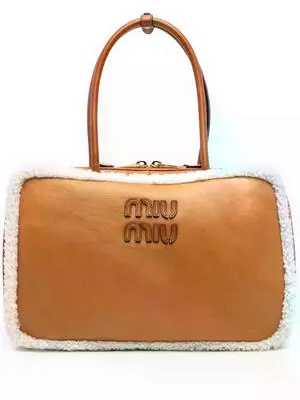 Miu Miu 2010-2026 Large Shearling Trimmed Calfskin Logo Beau Shoulder Bag - Brown