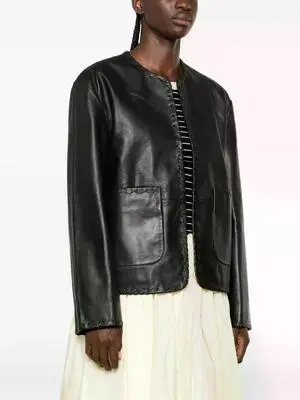 RÓHE Leather Collarless Jacket With Whipstitch Trim