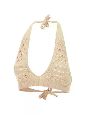 KANGRA Stud-embellished Open-knit Halterneck Top