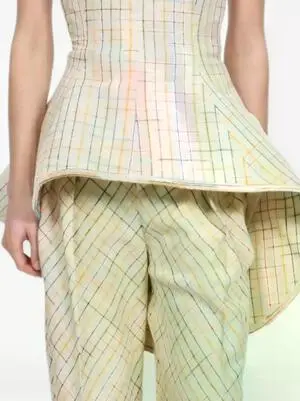 Rosie Assoulin Silk Check Pattern Strapless Peplum Top