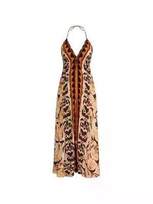 PAHIESA FORMENTERA Graphic Print Halterneck Maxi Dress - Neutrals
