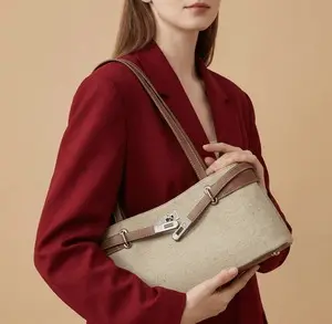 PRENELOVE Genuine Leather & Linen Handbag - Black