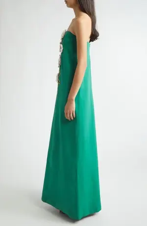 Lela Rose 3d Peony Embroidered Strapless Faille Gown